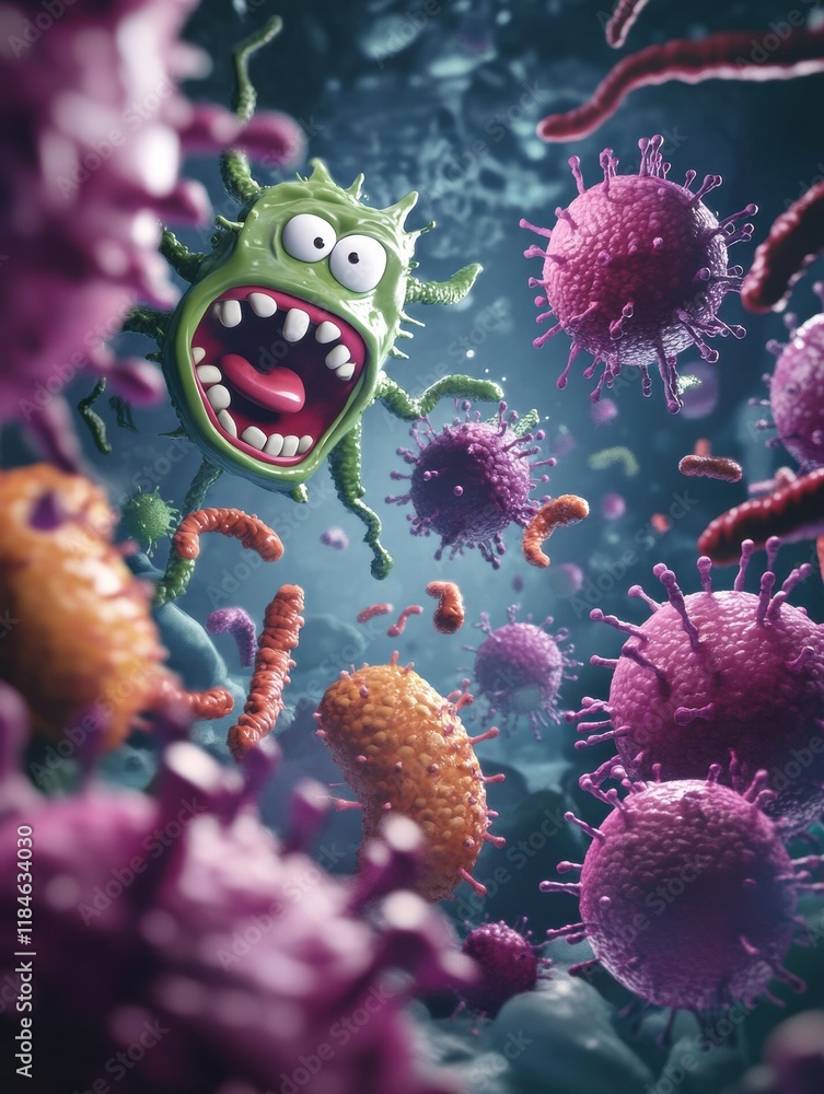 Cartoon bacteria engaging in a playful battle against antibodies in a ...