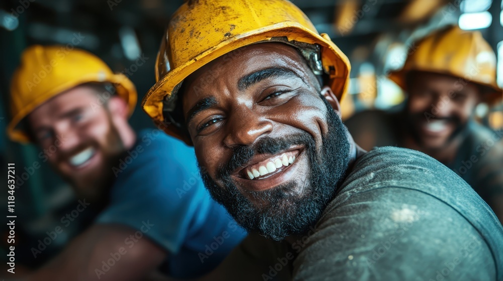 Smiling miners with bright yellow helmets display a friendly and ...