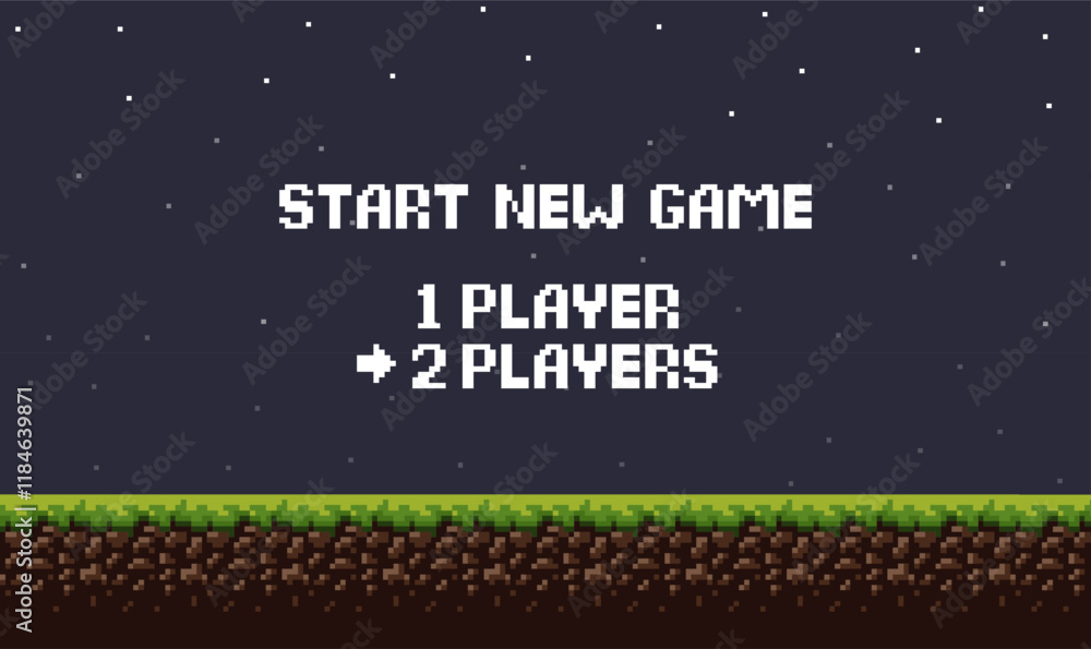 Pixel art night game background with grass, sky and start new game 8 ...