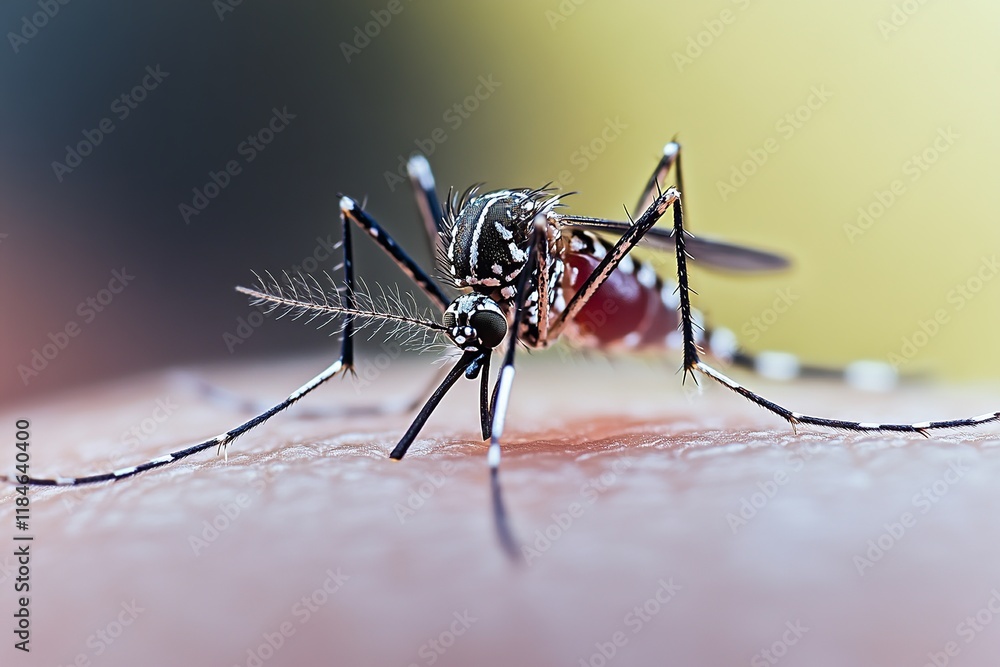 This detailed image features a dengue mosquito in flight, highlighting ...
