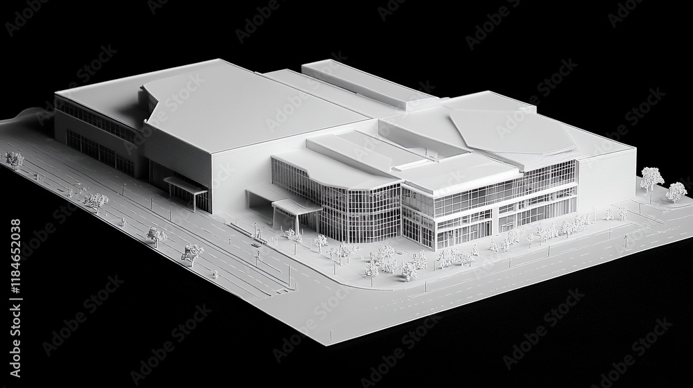 White architectural model of a large commercial building complex with ...