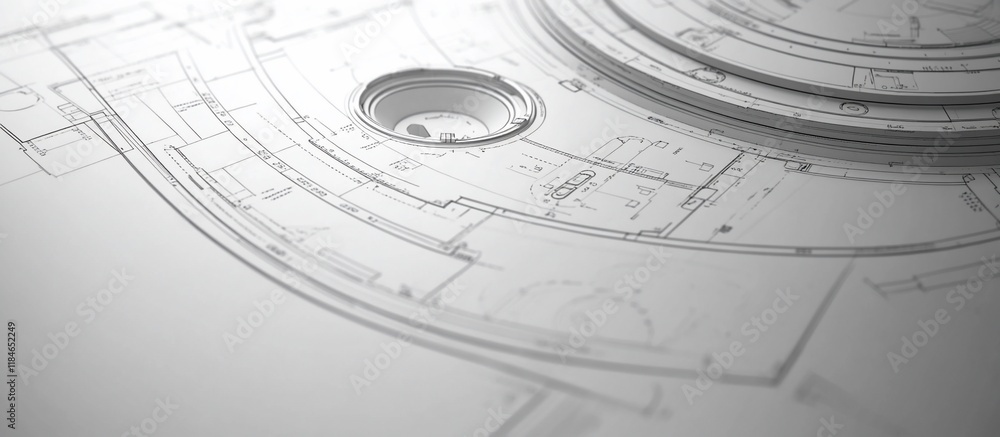 Architectural blueprints detail, showing floor plans and a circular ...