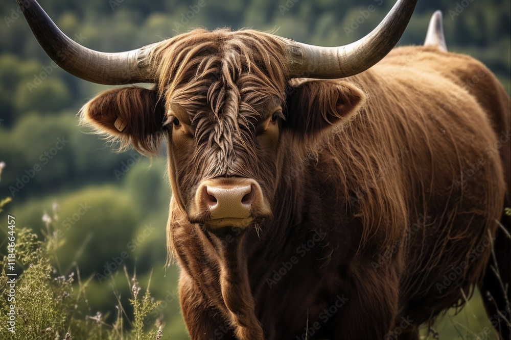 Portrait of a Majestic Auroch Bull Outdoors. Black Cow with Horns and ...