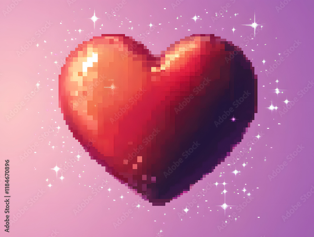 vibrant 8 bit red heart with pixel sparkles on pink background, evoking ...