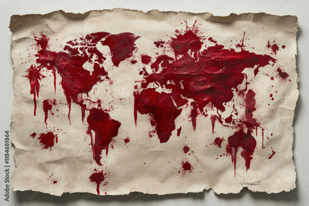 A world map is depicted on aged paper, marked with splashes of red ...
