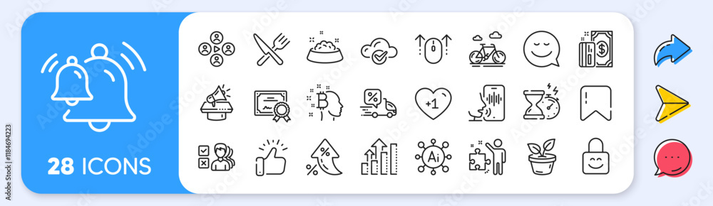Strategy, Megaphone and Certificate line icons. Interest rate, AI ...