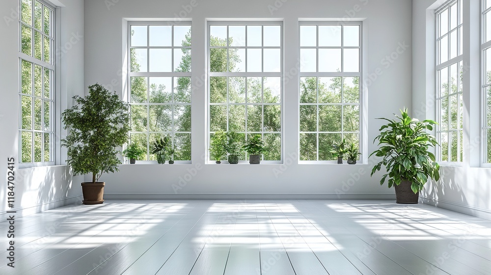 Bright, airy room with large windows and indoor plants, creating a ...