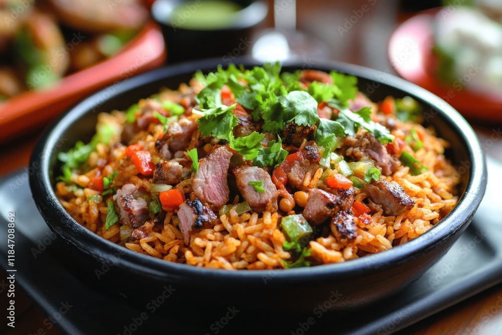 Puerto rican rice dish with pigeon peas and seasoned pork topped with ...