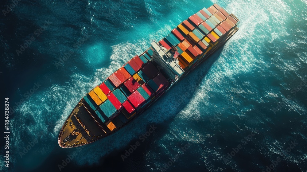 Overhead perspective of a container ship at sea, sleek design and vivid ...