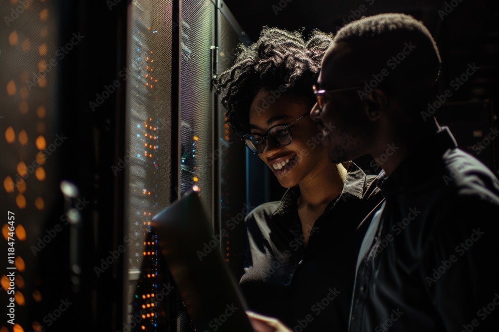 Technical team in a server room working on software management, system ...