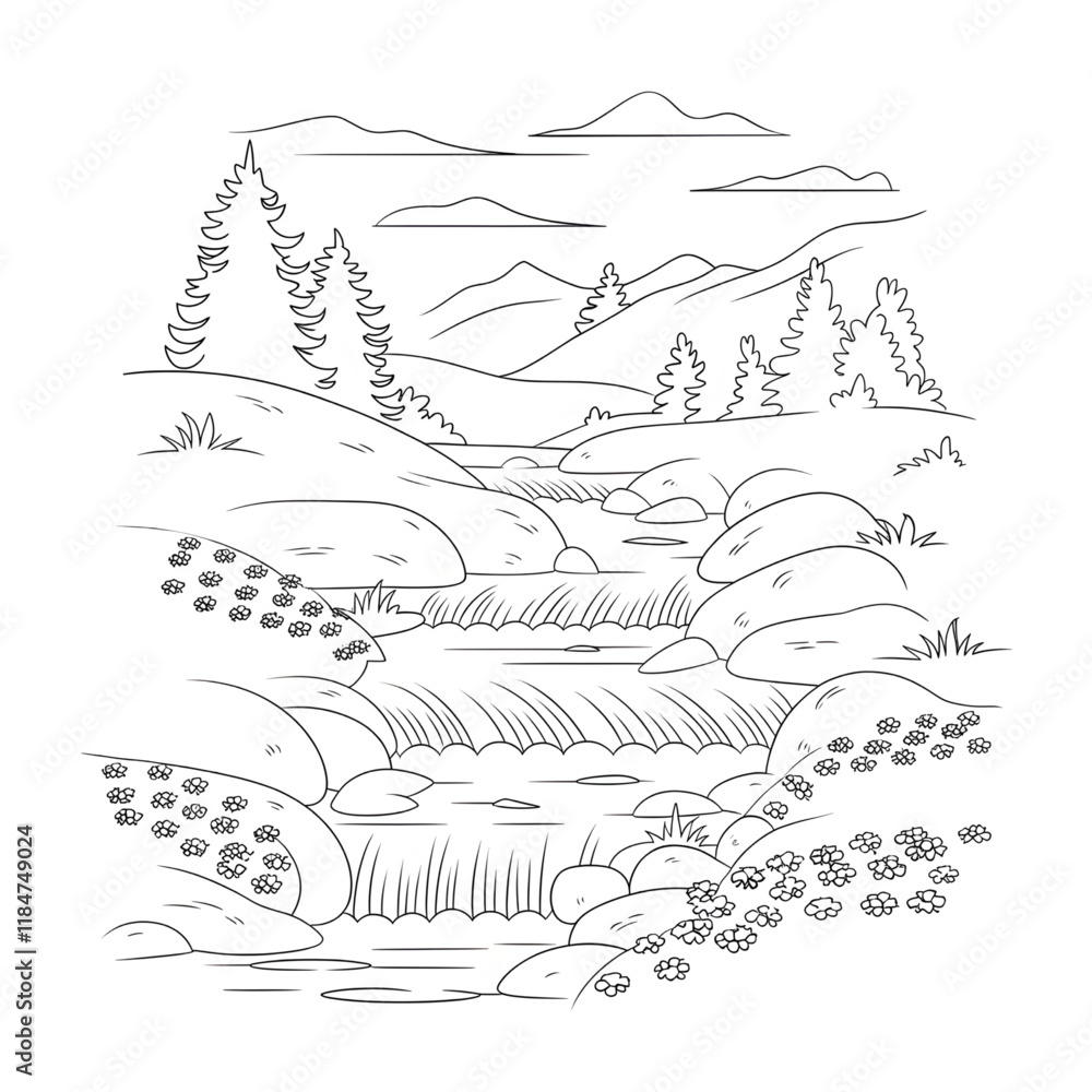 nature and river coloring page line art Stock Vector | Adobe Stock
