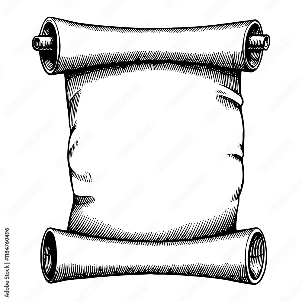 Old Scroll Unrolled Paper in Black and White Outline Line Art Drawing ...