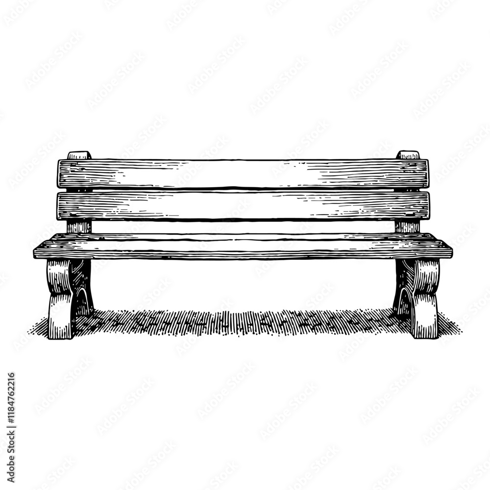 Front View of Detailed Bench Black and White Outline Line Art Drawing ...