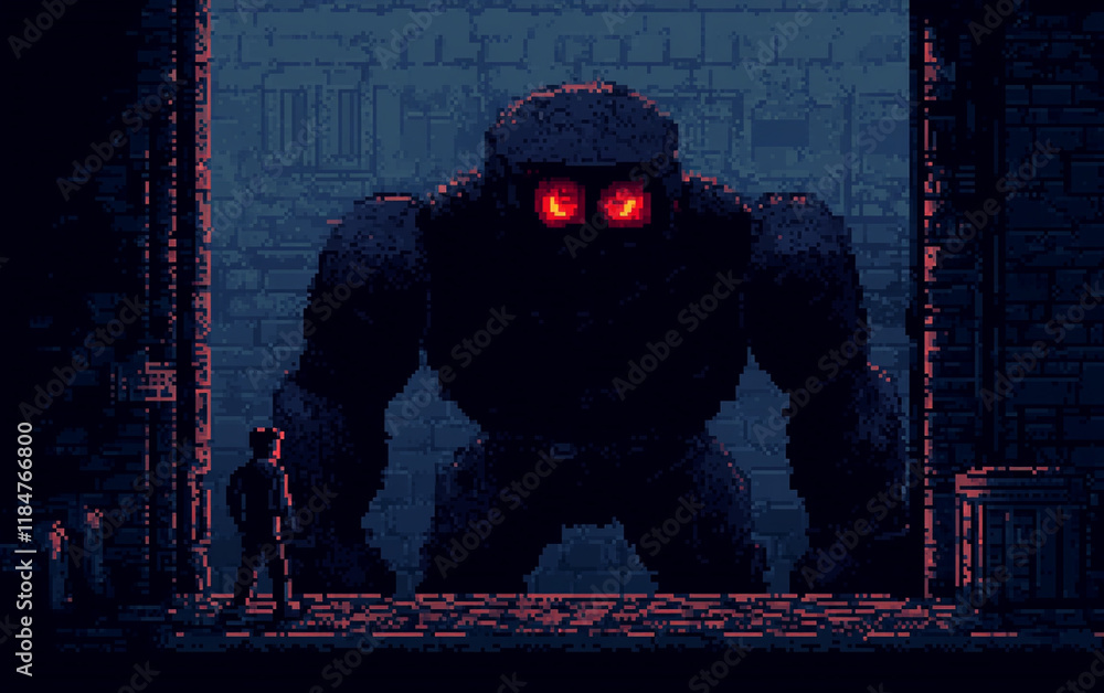 A pixel art boss character with glowing red eyes and intimidating ...
