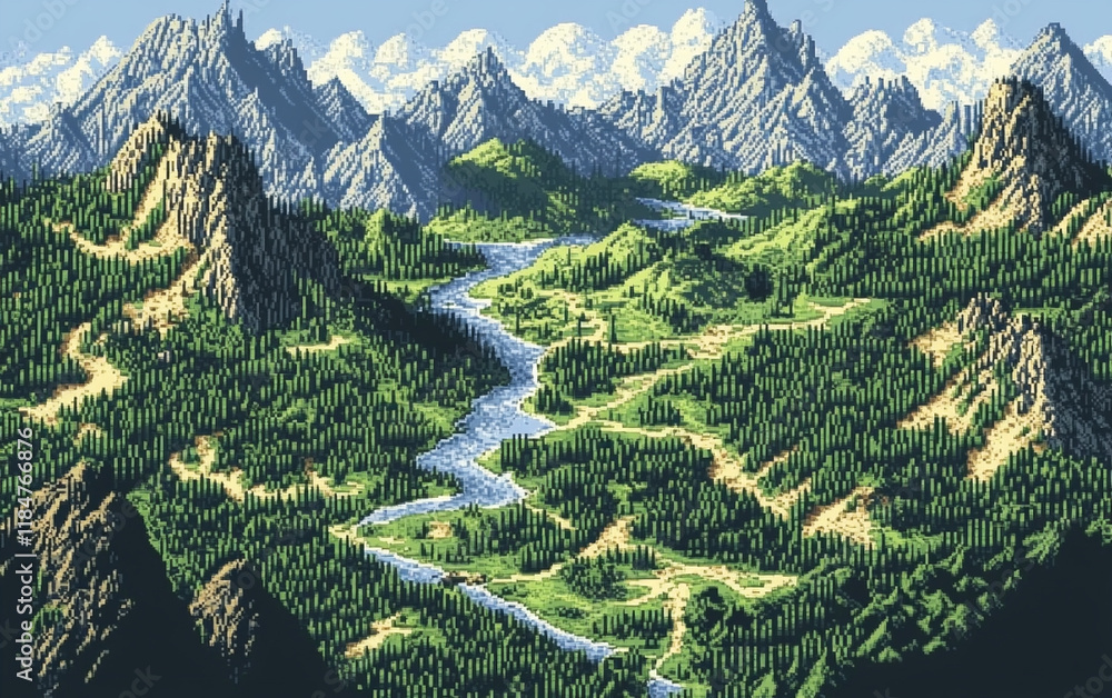 A pixel art overworld map with forests, rivers, and mountains, crucial for retro game assets ...