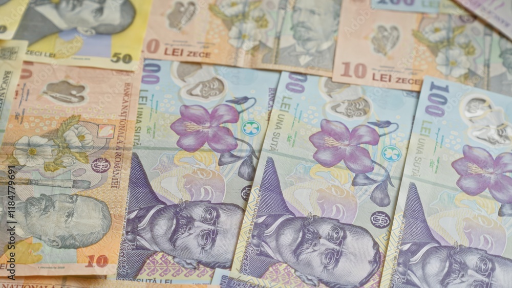 Romanian banknotes, including denominations of 10, 50, and 100 leu, are ...