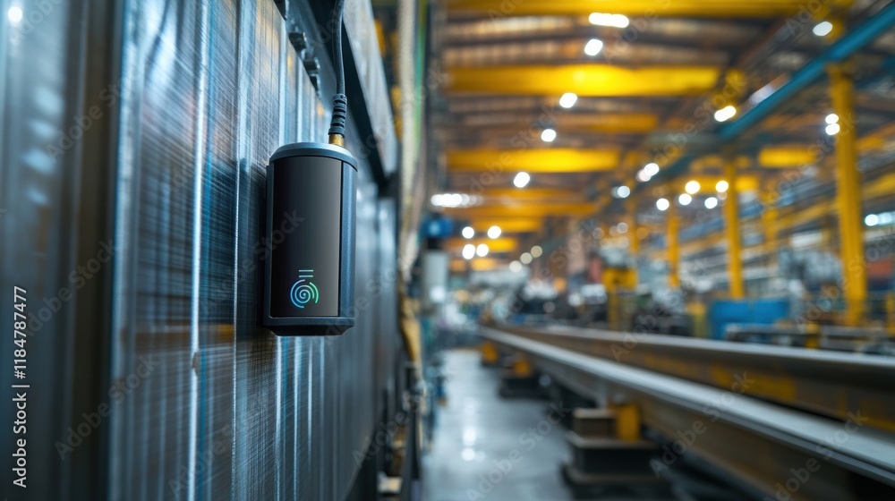 Wireless sensor mounted on a wall, gathering data in a smart factory ...