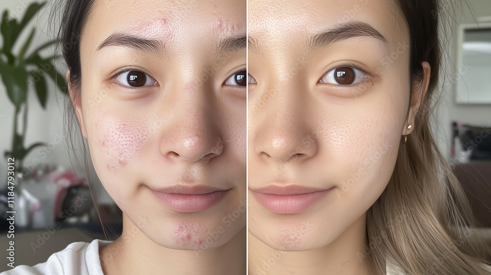 Foto de Stock Before and after acne skin treatment comparison on asian ...