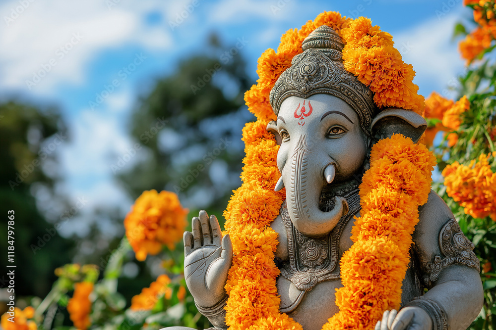 Stone sculpture of Ganesha, decorated vibrant orange marigold garlands ...