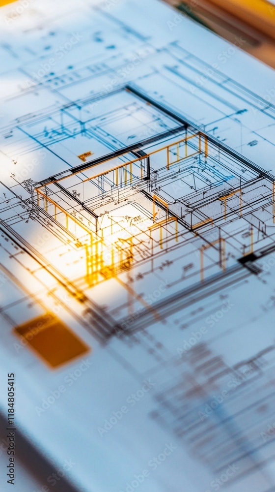 Architectural blueprint with dramatic sunlight illuminating detailed ...
