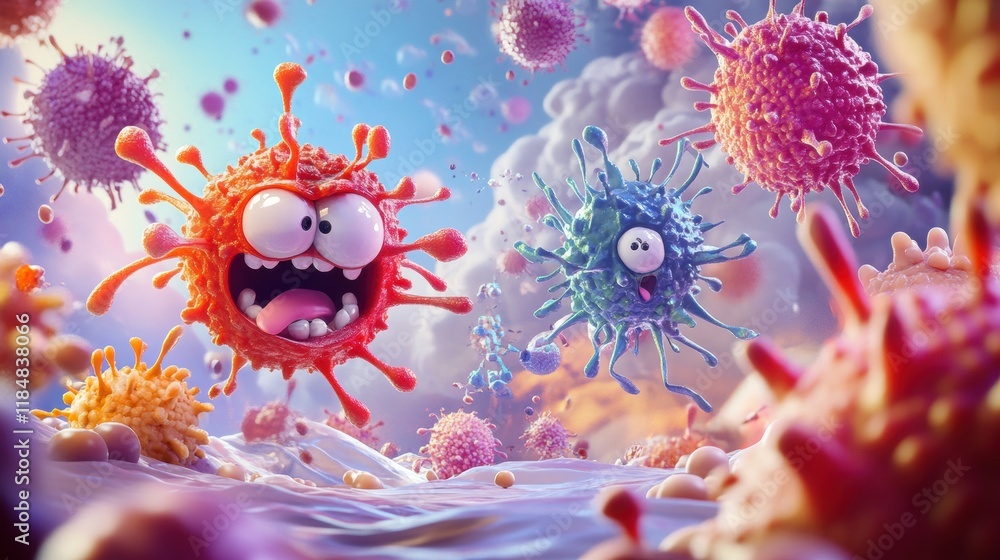 Cartoon bacteria engage in a lively battle against antibodies in a ...