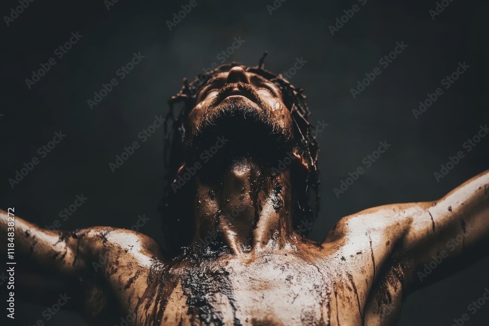 Jesus Christ suffering on the cross with crown of thorns and blood ...