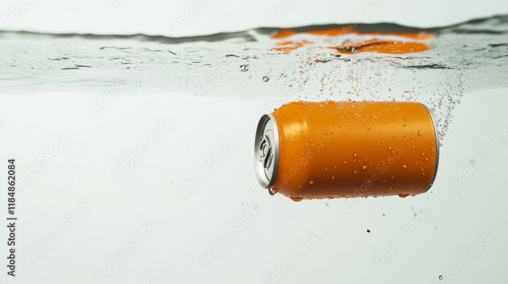 Fizzy orange soda can floating underwater with bubbles on a clear ...