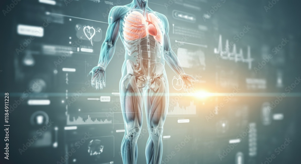 Futuristic 3d model of human anatomy with digital interface and data ...