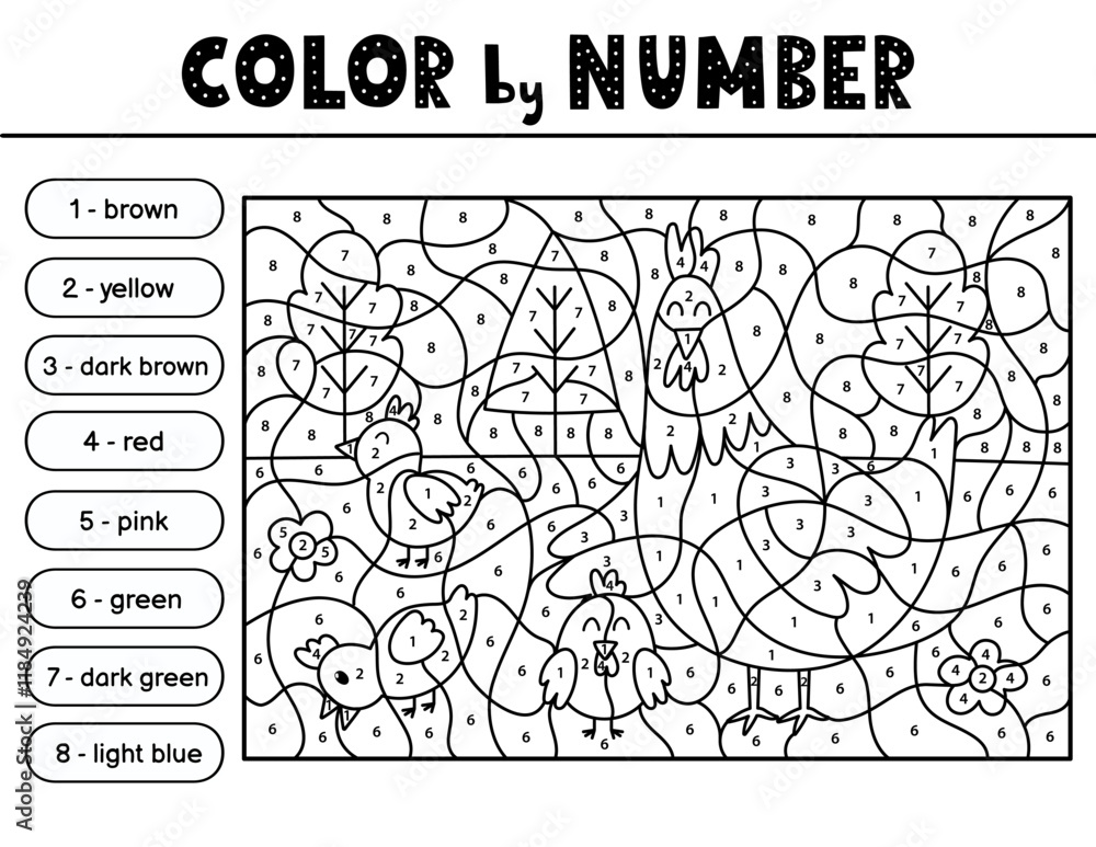 Vector de Stock Color by number activity page in outline for kids with ...