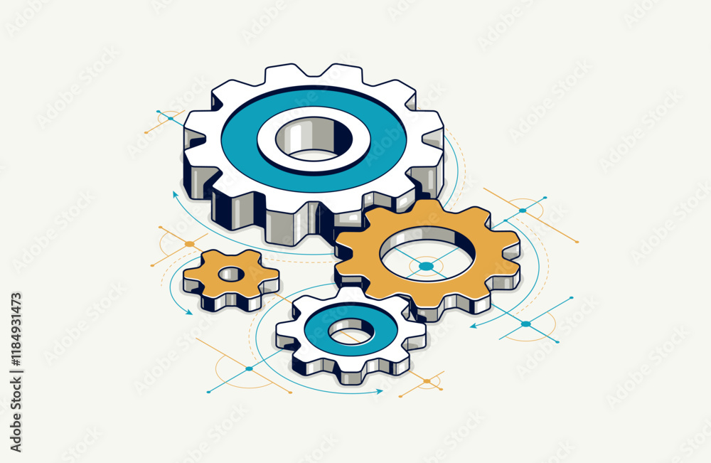Mechanical engineering concept, gears and cogs with project drawing ...