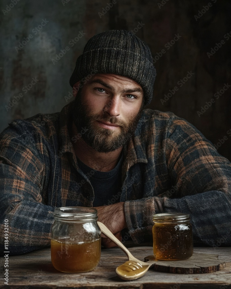 A rugged Caucasian male with a beard poses confidently, surrounded by ...