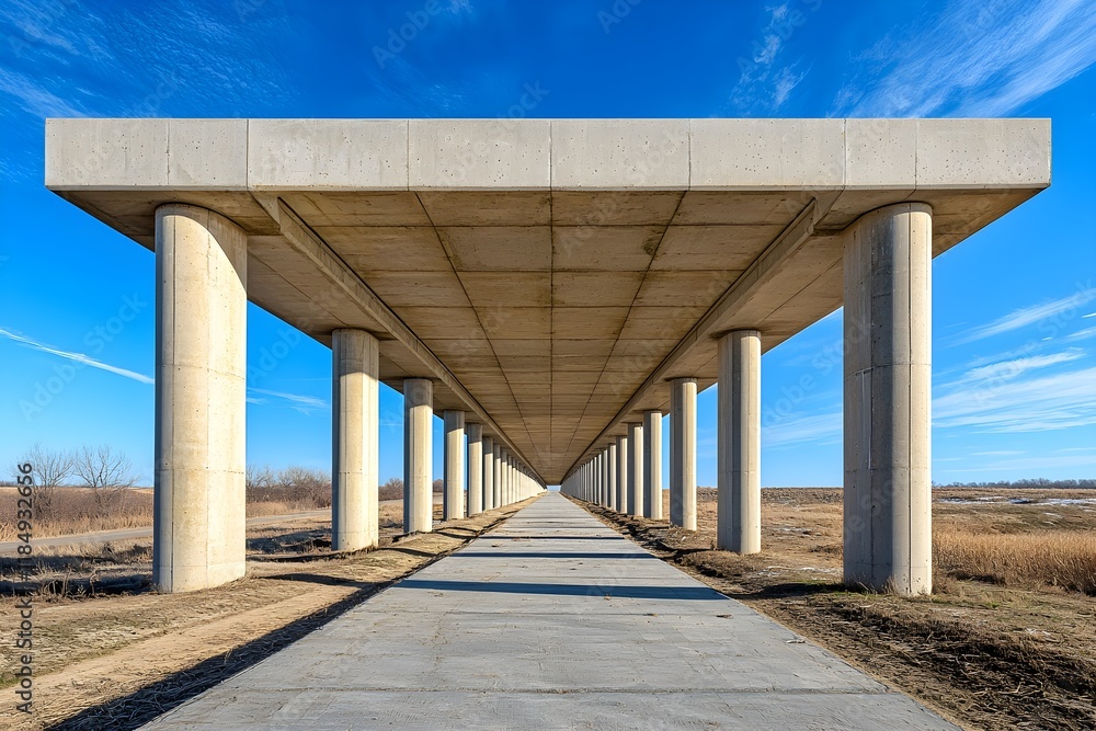 A modern concrete structure supported by pillars, leading down a ...