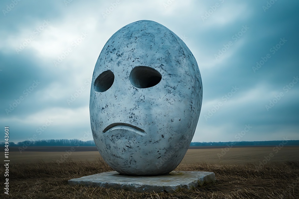 Lonely Stone Statue of Blue Sad Emoji Under Gloomy Sky in Isolated ...