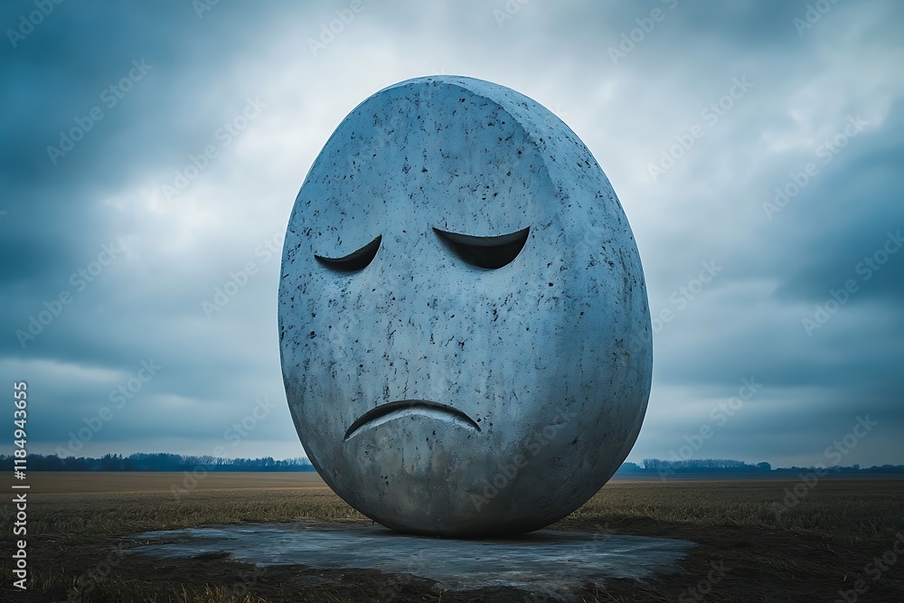 Lonely Stone Statue of Blue Sad Emoji Under Gloomy Sky in Isolated ...
