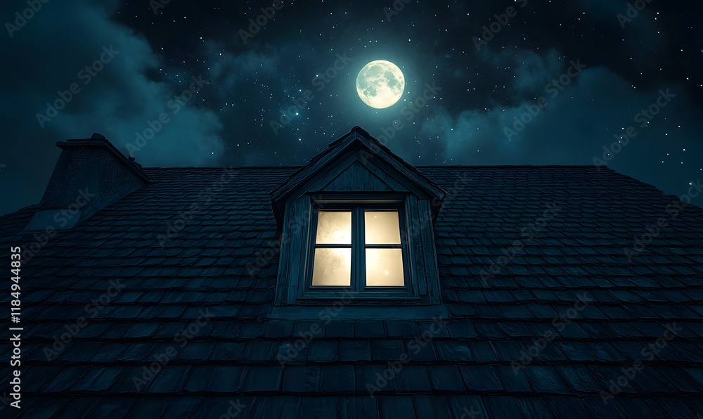 An open Velux roof window framing a starry night sky, with the black ...