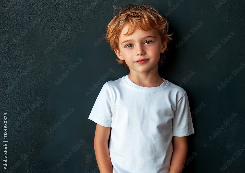 Portrait of a young ginger boy in white t-shirt on dark background. Can ...