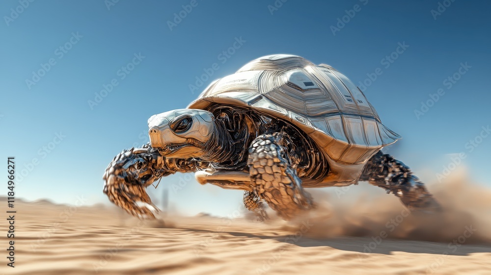 This dynamic image captures a metallic tortoise racing across sandy ...