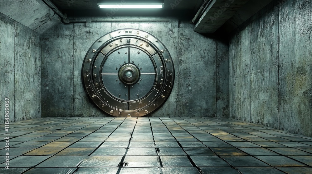 Bank safe and vault door, metal steel round gate mechanism in empty ...