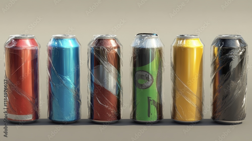 Tin cans in plastic wrap, six soda or beer metal jars front and top ...