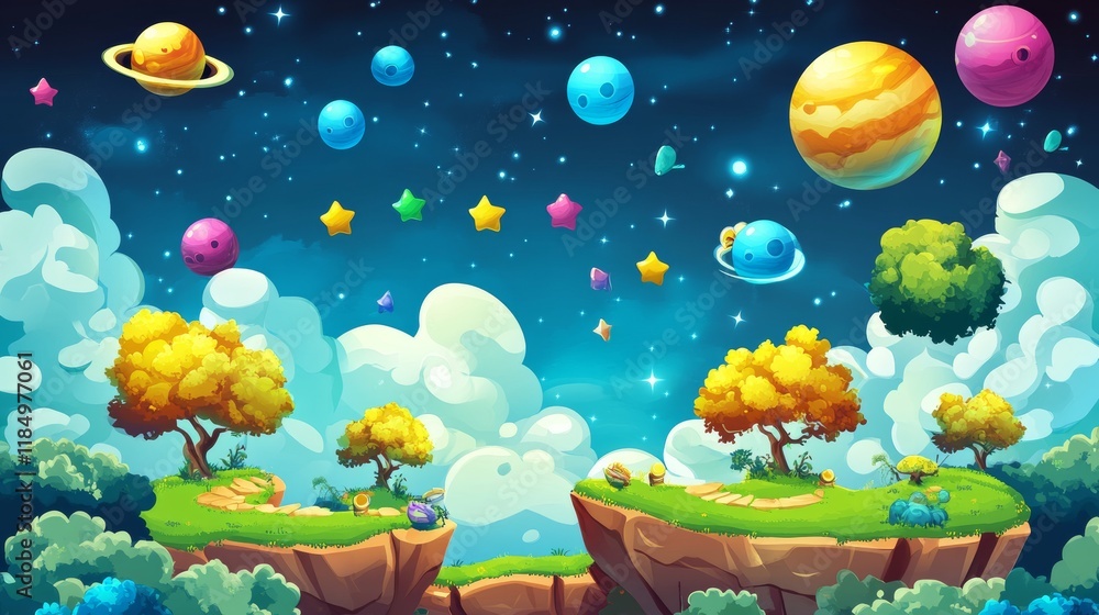 Space game level map with platforms, alien landscape and planets in sky. Vector background for ...