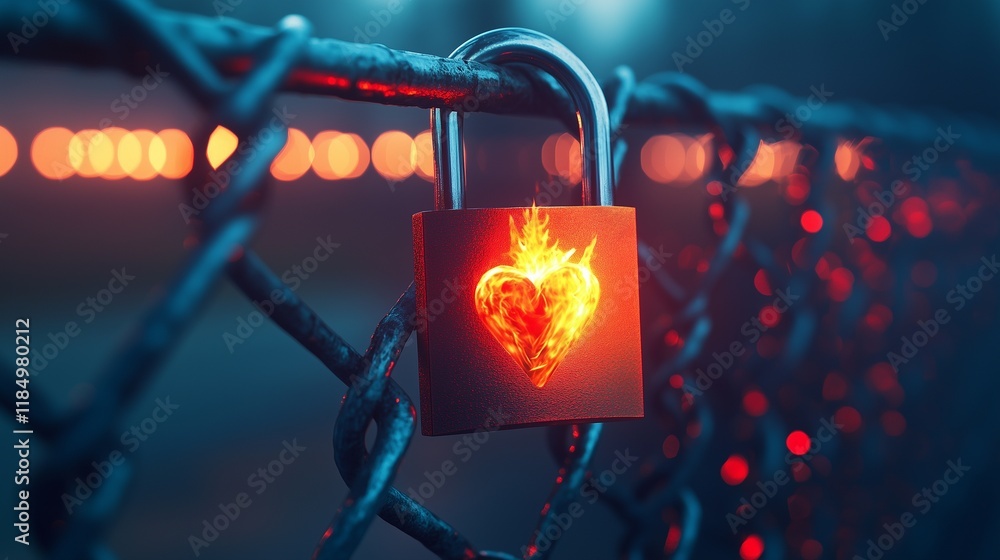 Love Lock on Fire on a Chain-link Fence, Passion Locking in Forever ...