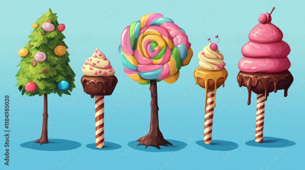 Fantasy sweets, candies, chocolate and waffle tubes for game ui design ...