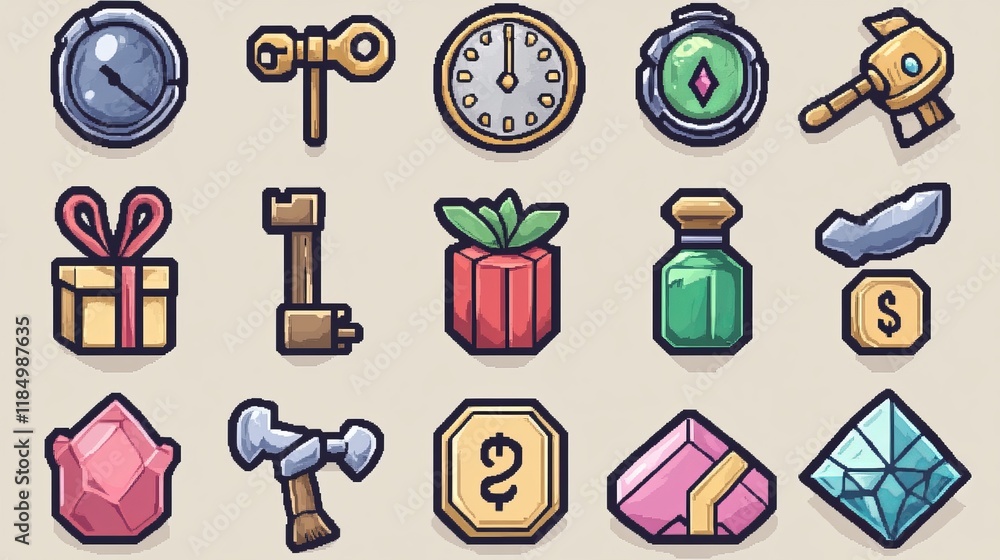 Game icons pack with symbols of key, playing cards, clock, money, gift ...