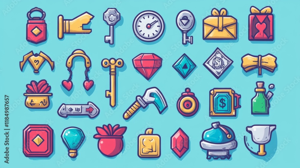 Game icons pack with symbols of key, playing cards, clock, money, gift ...