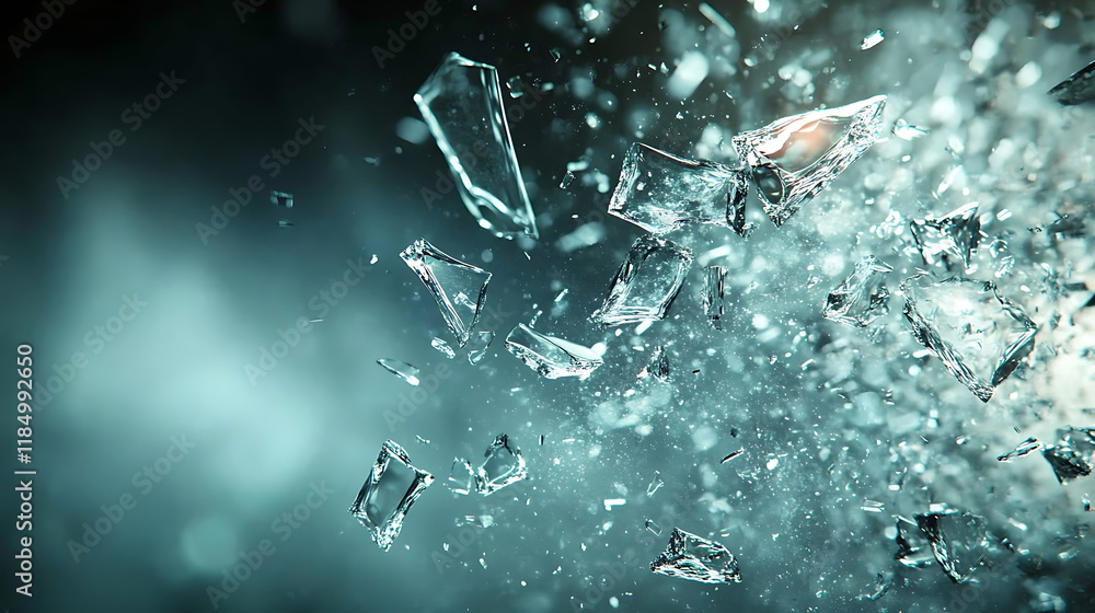 broken glass fragments and falling glass shards with sharp pieces ...