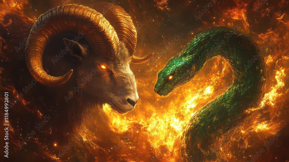 Zodiac Sign Aries and Year of the Snake: Symbolic Artwork with Golden ...