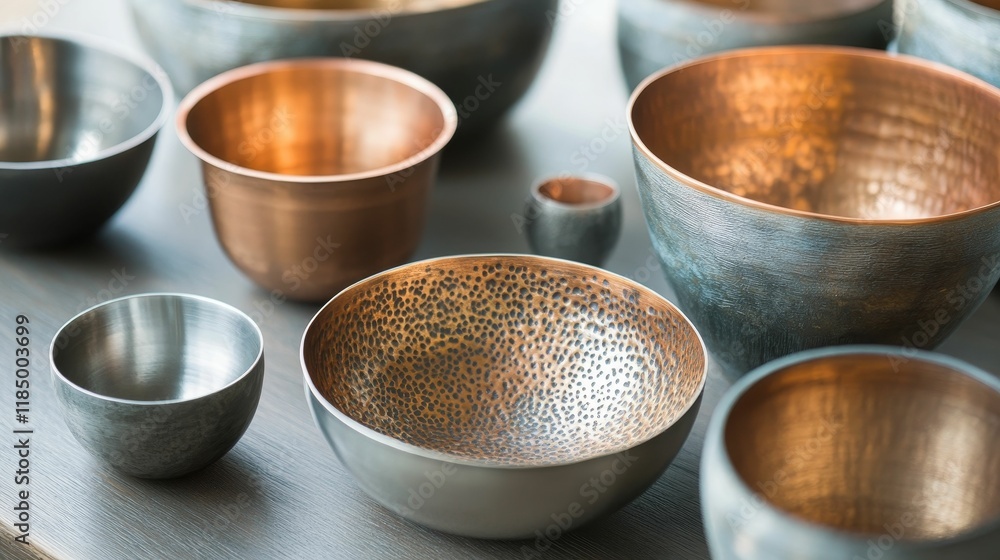 Metal bowls various sizes, textures, colors. Stock Illustration | Adobe ...