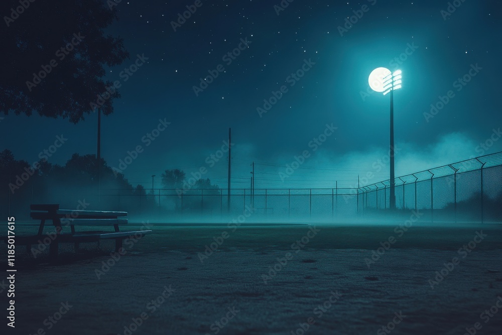 Mysterious night scene at a deserted baseball field under a glowing ...