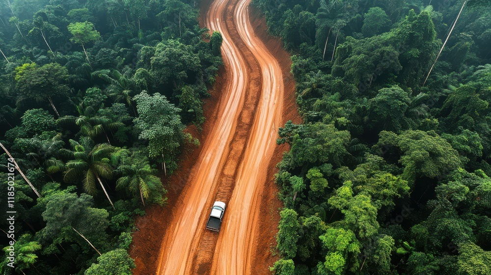 Deforestation: pickup truck driving on dirt road through rainforest ...