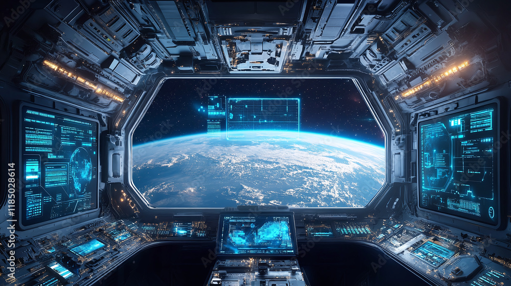 Futuristic blue hologram display screen technology in earth orbit in ...